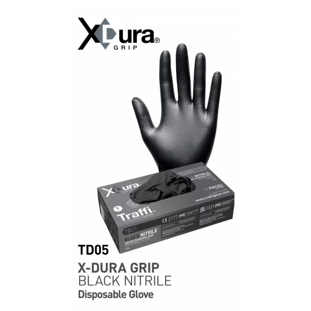 TD05 X-DURA GRIP Black Nitrile Disposable Gloves Box of 50 - FusionMarkt